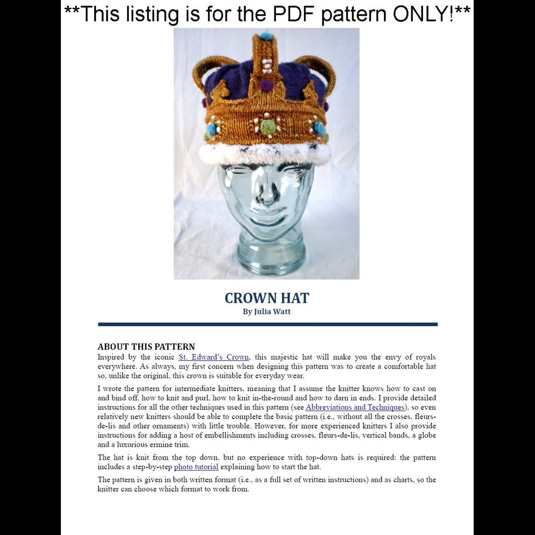 Knitting Pattern Crown Hat, Fun Costume, Royal Winter Hat Pattern, King ...