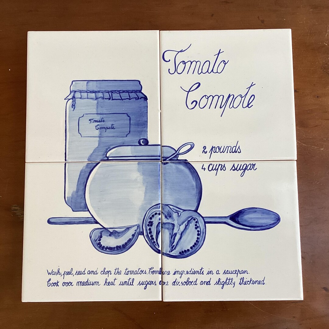 Vintage Decorative Ceramic Tiles-tomato Compote Recipe Design in Blue ...