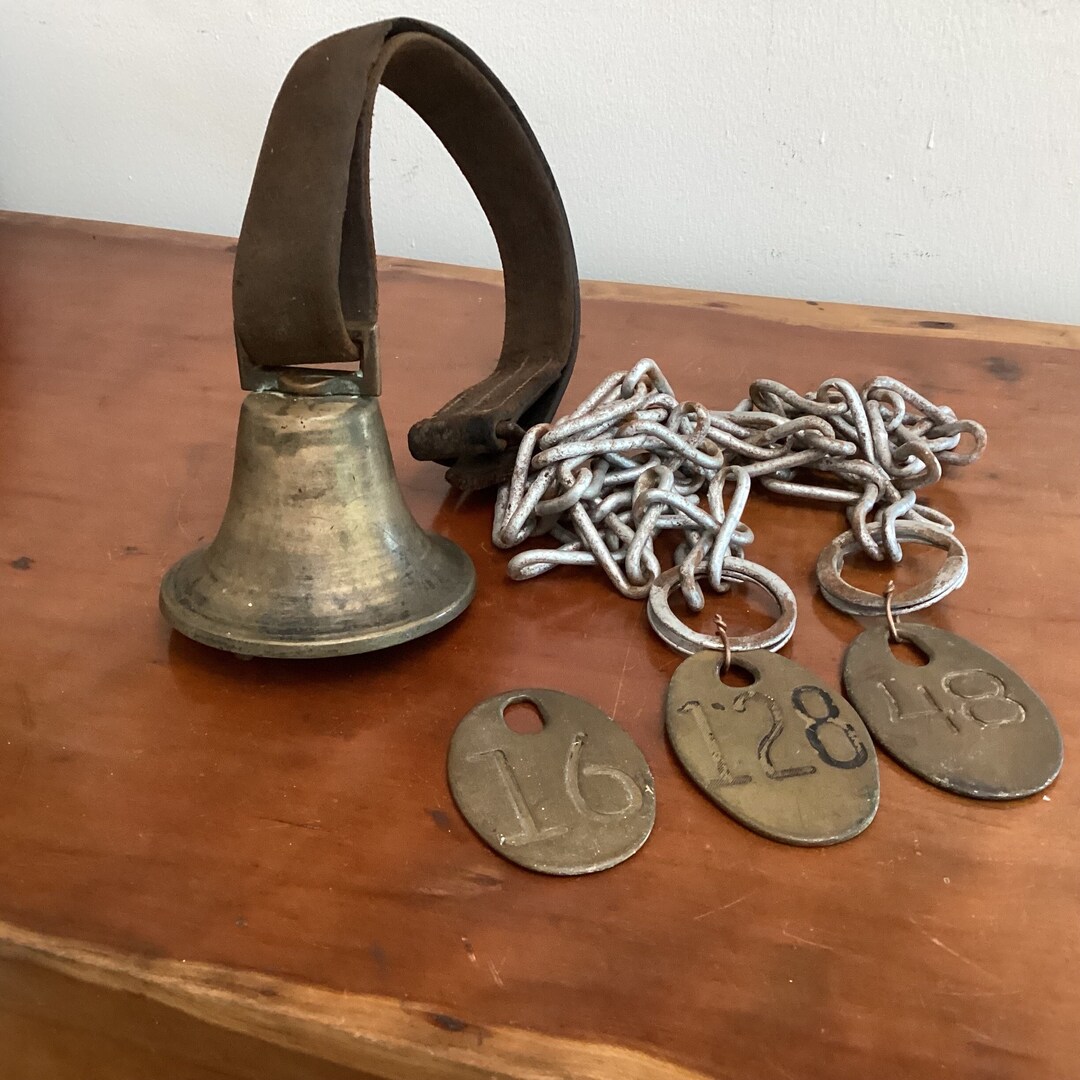 Vintage Brass Cow Bell With Leather Strap & Cow Tags-primitive-farm ...