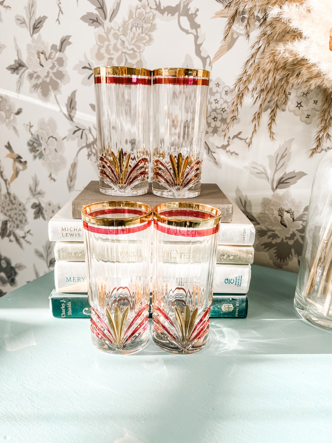 Set of 4 Heavy Royal Crystal Rock Glasses in Gold and Ruby, Kristall ...