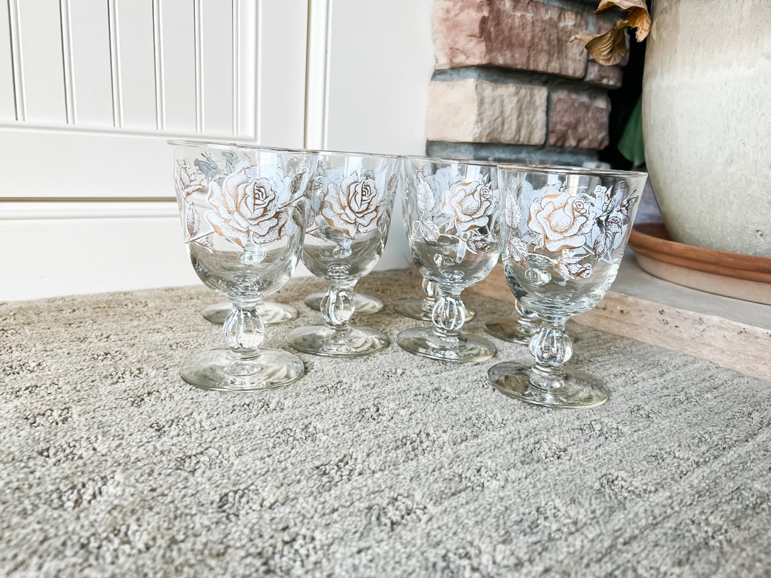 Vintage Libbey Glass Rose Bouquet Water Goblets, White and Gold Roses, Gold Rim, Floral ...