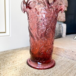 Mauve Pink Glass Vase, Heavy, Embossed Floral Design, Ruffled Edge ...
