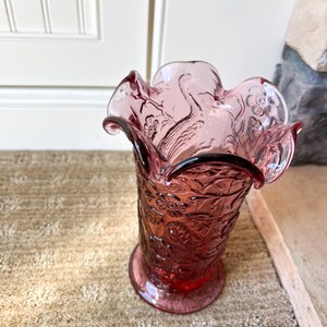 Mauve Pink Glass Vase, Heavy, Embossed Floral Design, Ruffled Edge ...