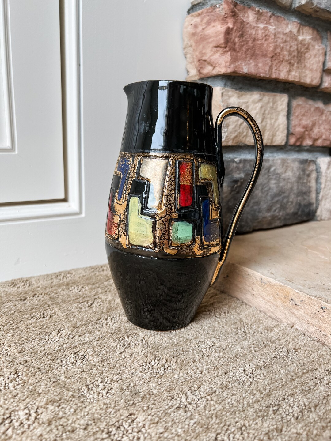 Beautiful Vintage Handmade Pottery Pitcher, Black Glaze, Gold Accents ...