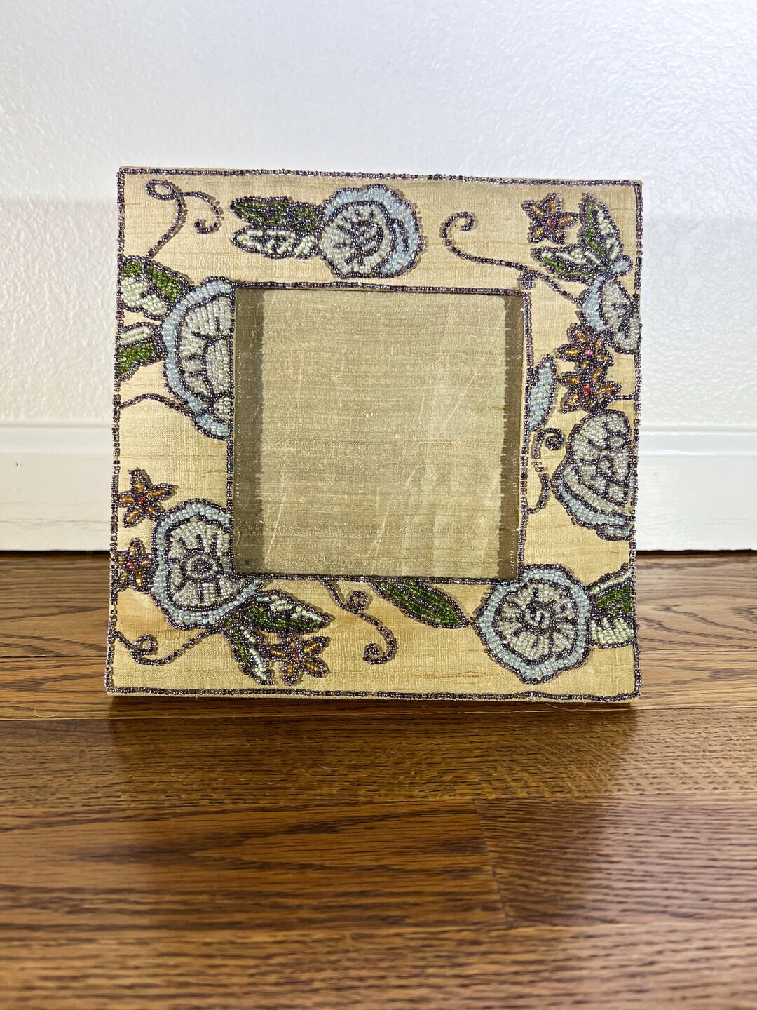 Fabric and Beaded Picture Frame, Green, Purple, Blue Beaded Floral ...