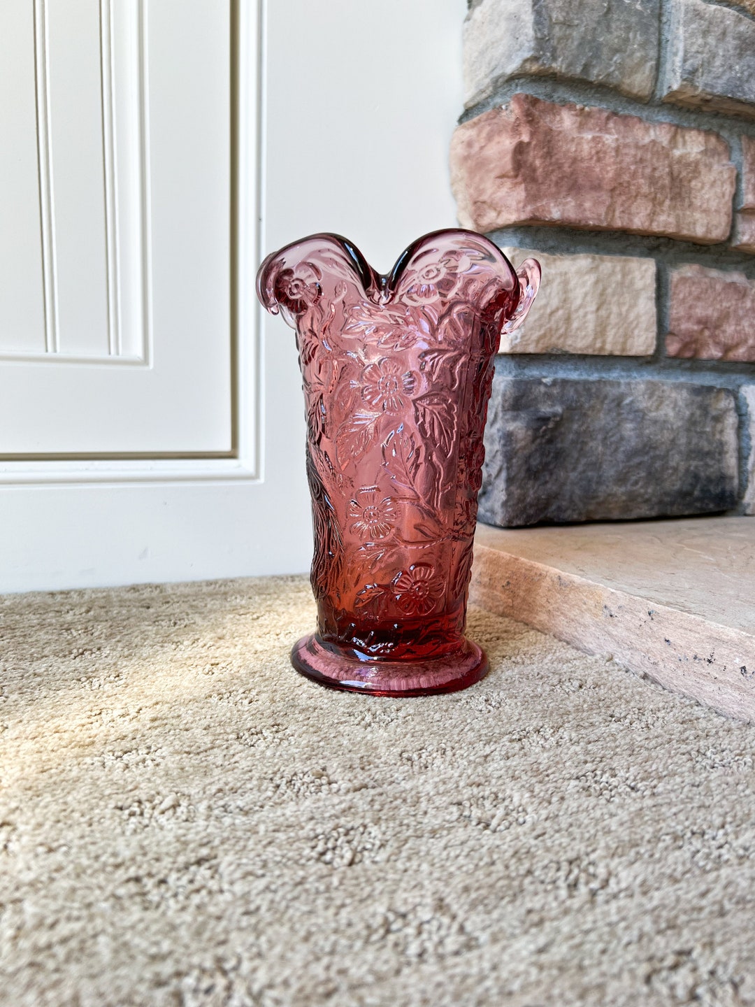 Mauve Pink Glass Vase, Heavy, Embossed Floral Design, Ruffled Edge ...