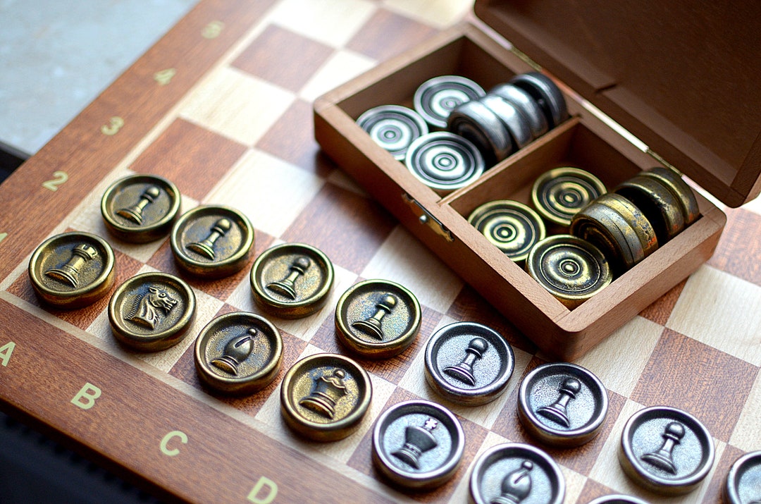 Mega Set Heavy Metal Chesscheckers Pieces In Storage Box And A Wooden Chessboard The Most