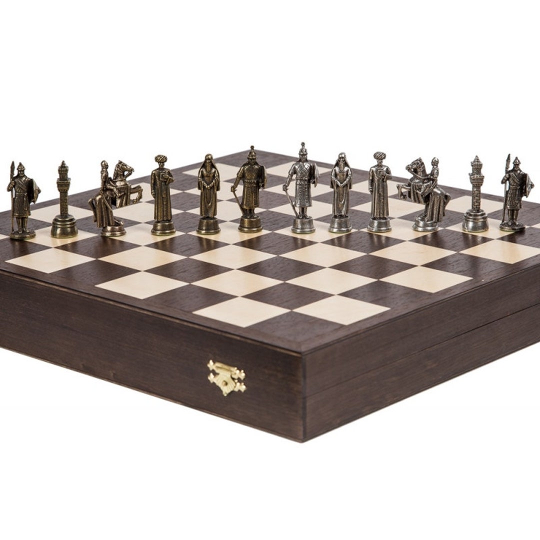 Arabic Metal Chess Set: Mahogany & Sycamore Board, Personalized Plate ...