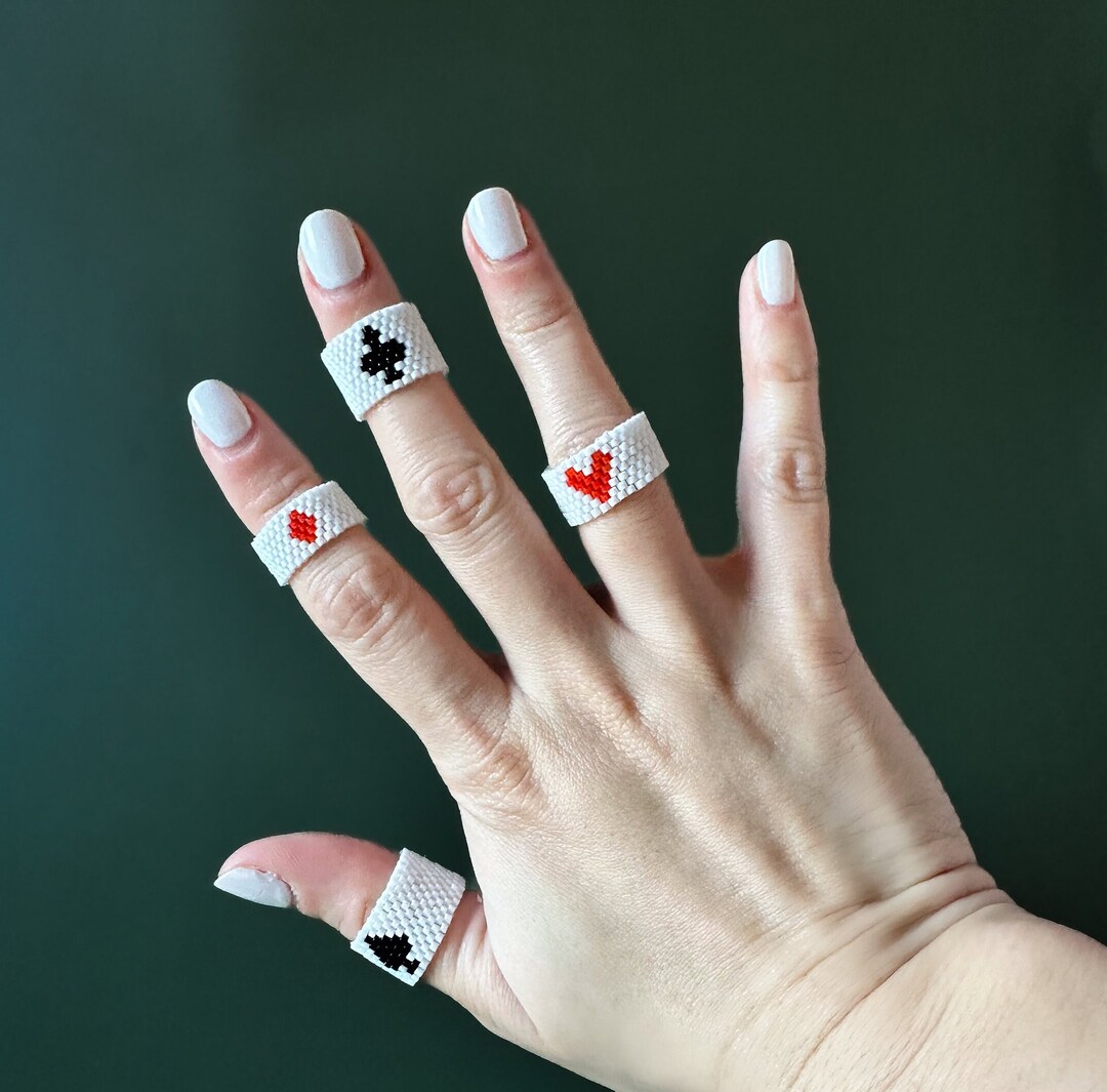 Poker Ring Set Seed Beads Miyuki Rings Playing Cards Ace Spades Casino ...