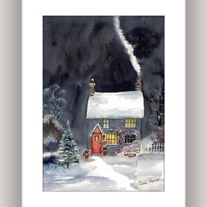 Winter Cottage at Night, Original Watercolour Cottage Painting 10 X 7 ...