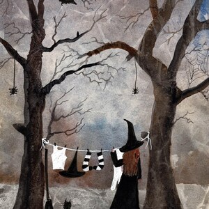 Late Laundry, Witch Hanging Clothes on the Line, Original Watercolour Witch Painting 10 X 7 ...