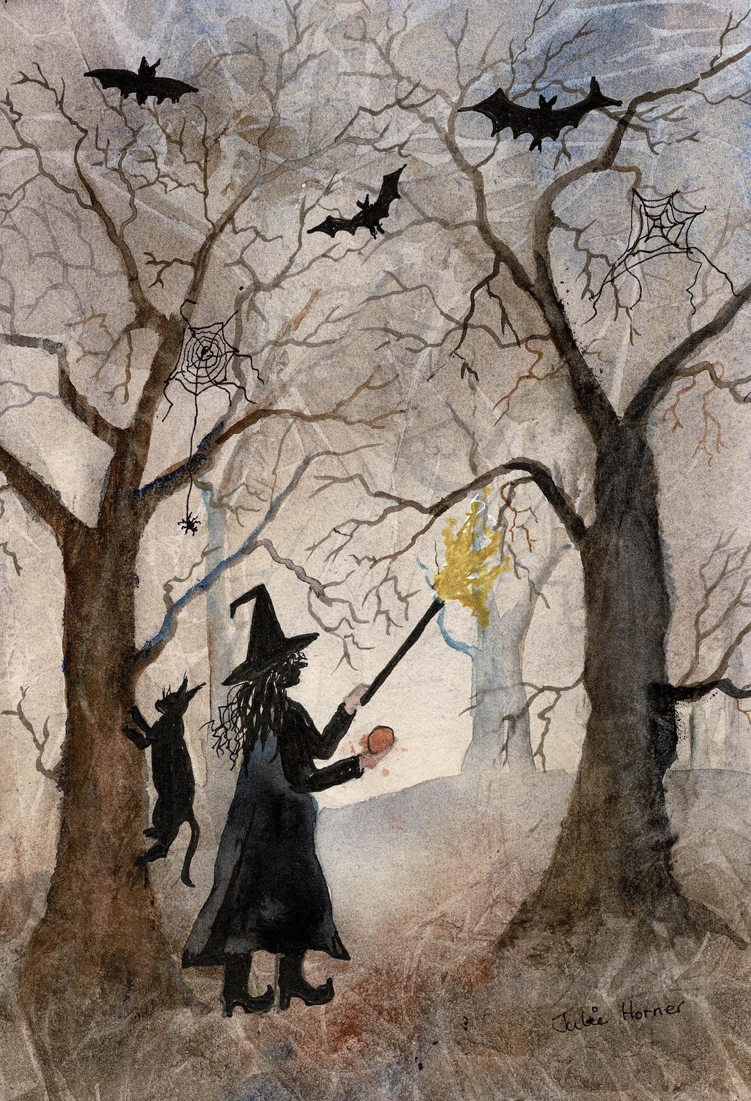 Whimsical Witch Watercolor Painting: Halloween Woodland Art (10x7 Inch ...