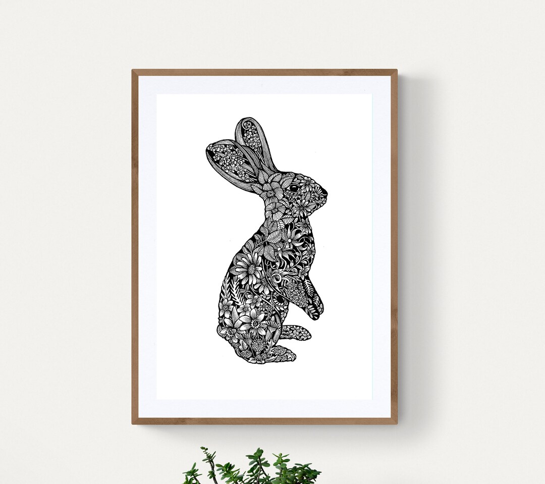 Floral Rabbit Print: Hand-drawn Pen & Ink Nursery Art - Etsy