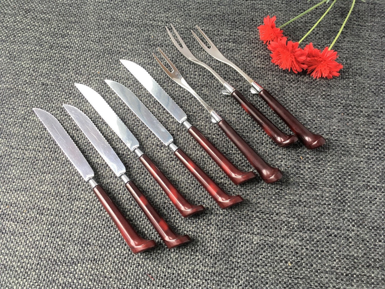 Set of 7 VINTAGE BAKELITE KNIVES Pink Stainless steel Mid Century Home ...