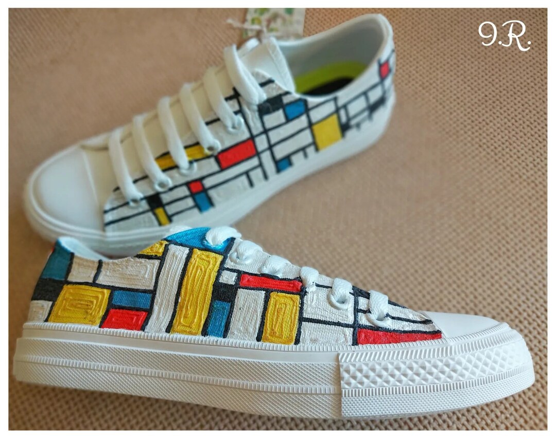 Hand-painted Mondrian Grid Sneakers: Art Shoes - Etsy