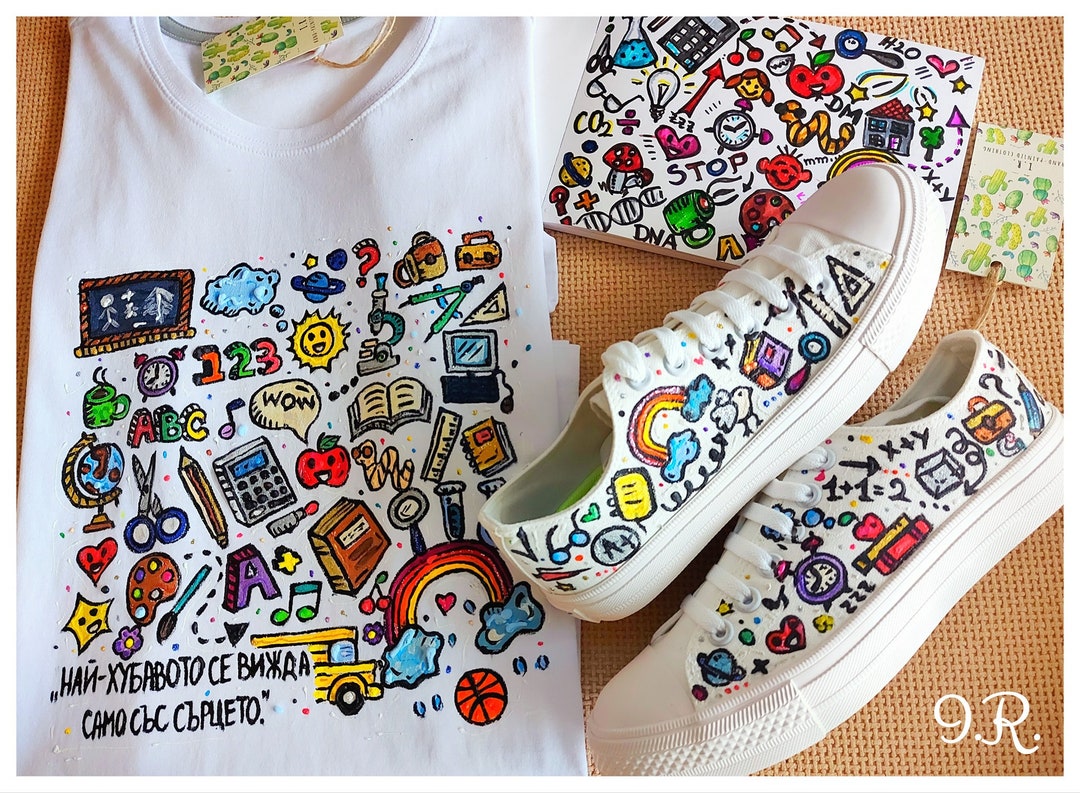 School Doodles Hand-painted T-shirt, School Doodles Art Top, Doodles ...