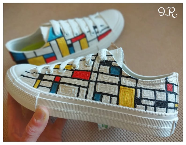 Hand-painted Mondrian Grid Sneakers: Art Shoes - Etsy