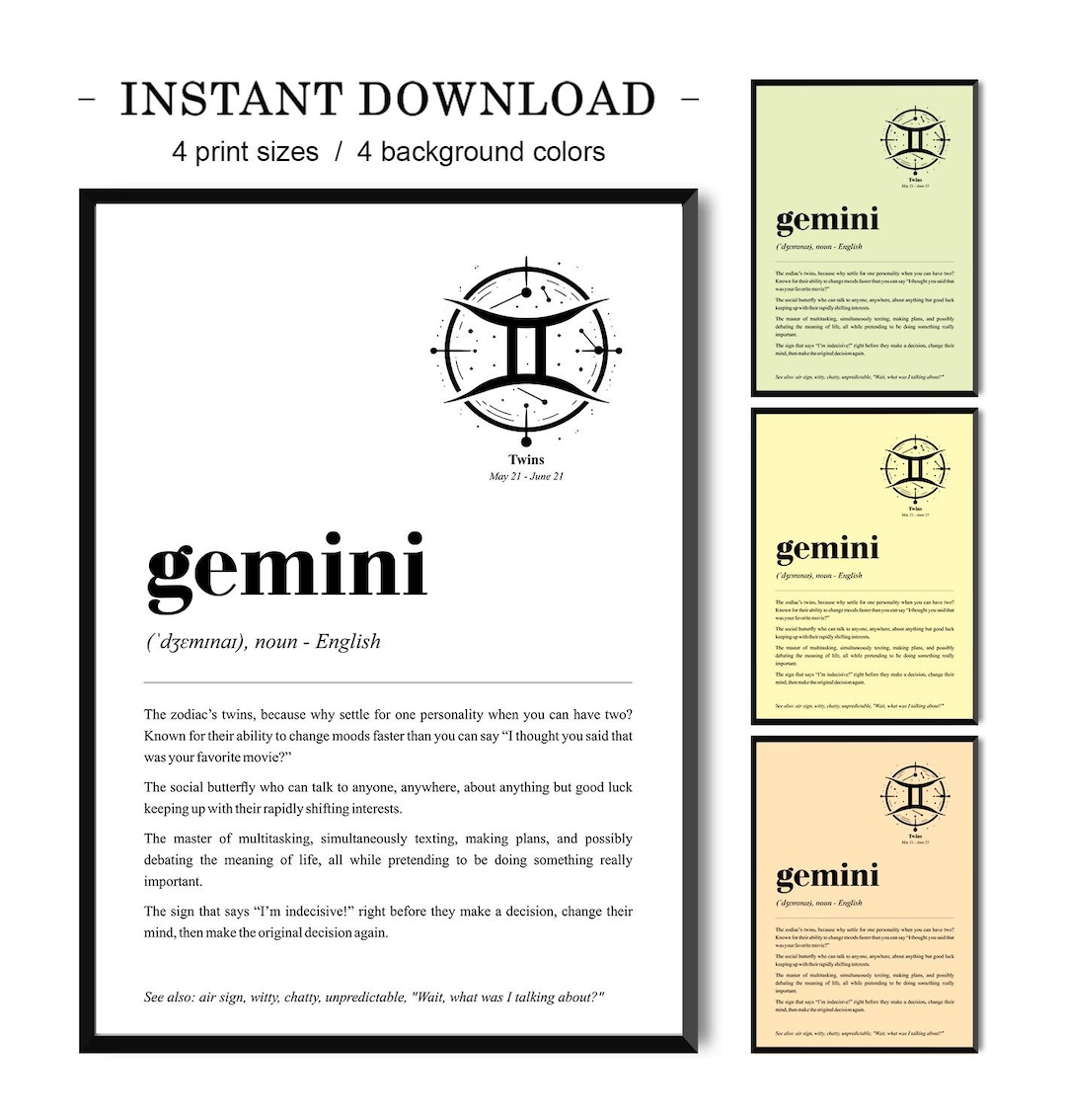 Gemini Definition Print | Zodiac Decor | Birthday Gift | Zodiac Poster ...