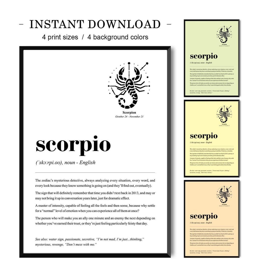 Scorpio Definition Print | Zodiac Decor | Birthday Gift | Zodiac Poster ...