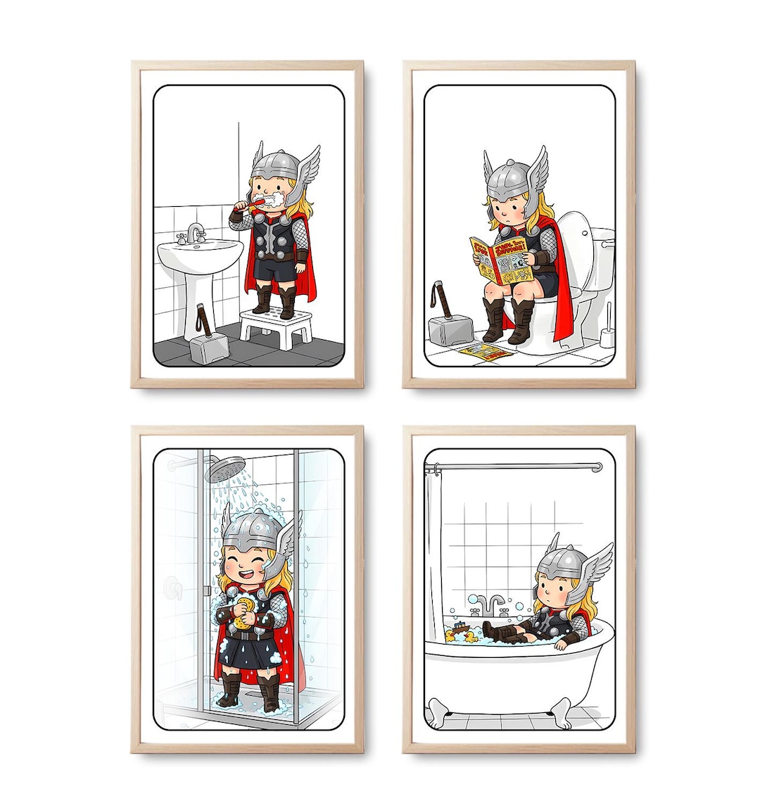 Superhero Kids Bathroom Sign Set | Funny Restroom Art | Set of 4 | Thor ...