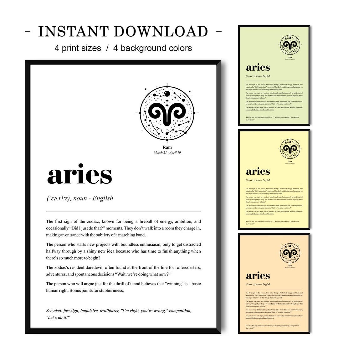Aries Definition Print | Zodiac Decor | Birthday Gift | Zodiac Poster ...