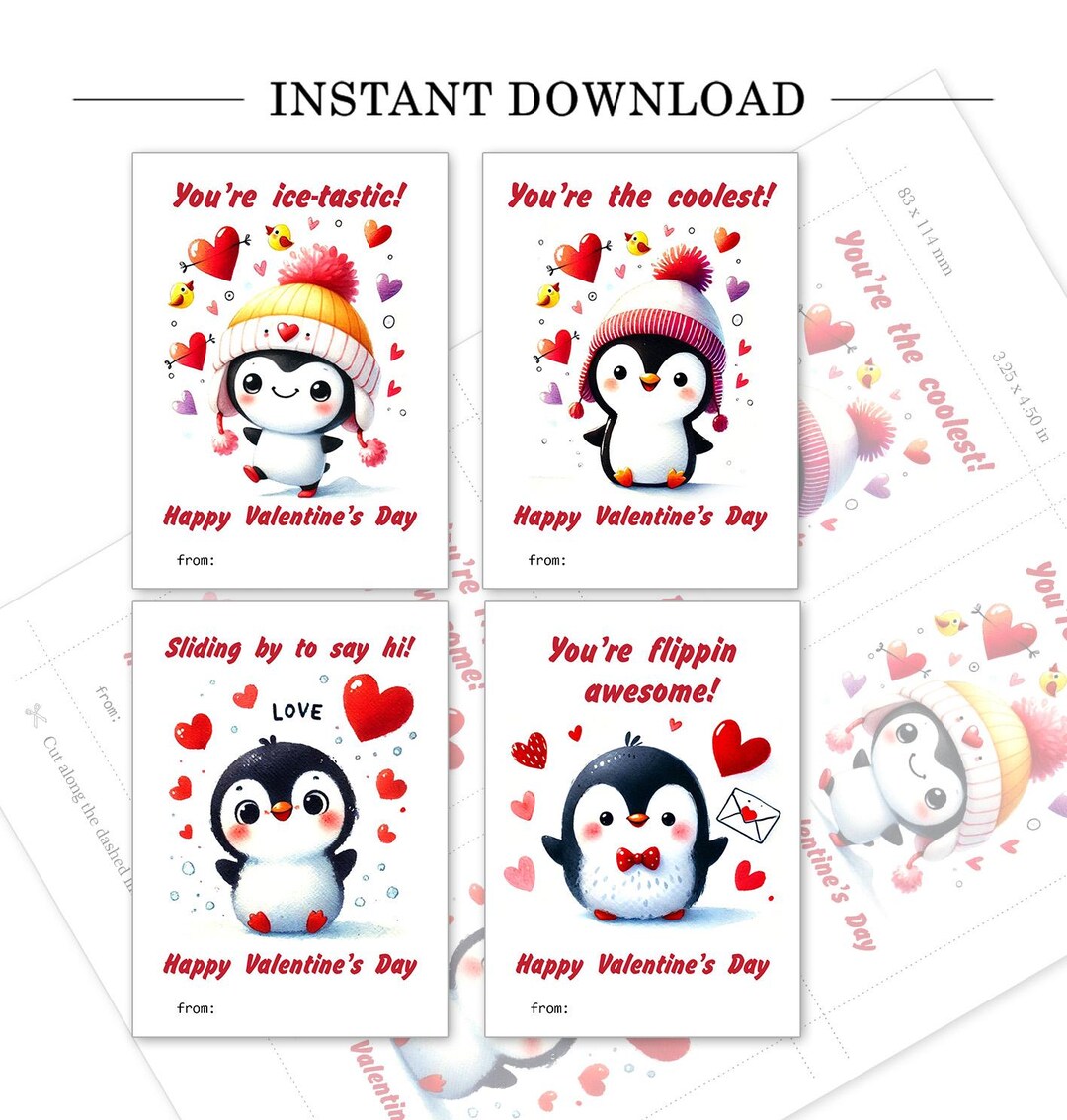 Printable Penguin Valentine Cards for Kids, Cute Winter Animal ...
