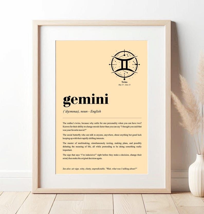 Gemini Definition Print, Funny Zodiac Gift, Minimalist Astrology Wall ...