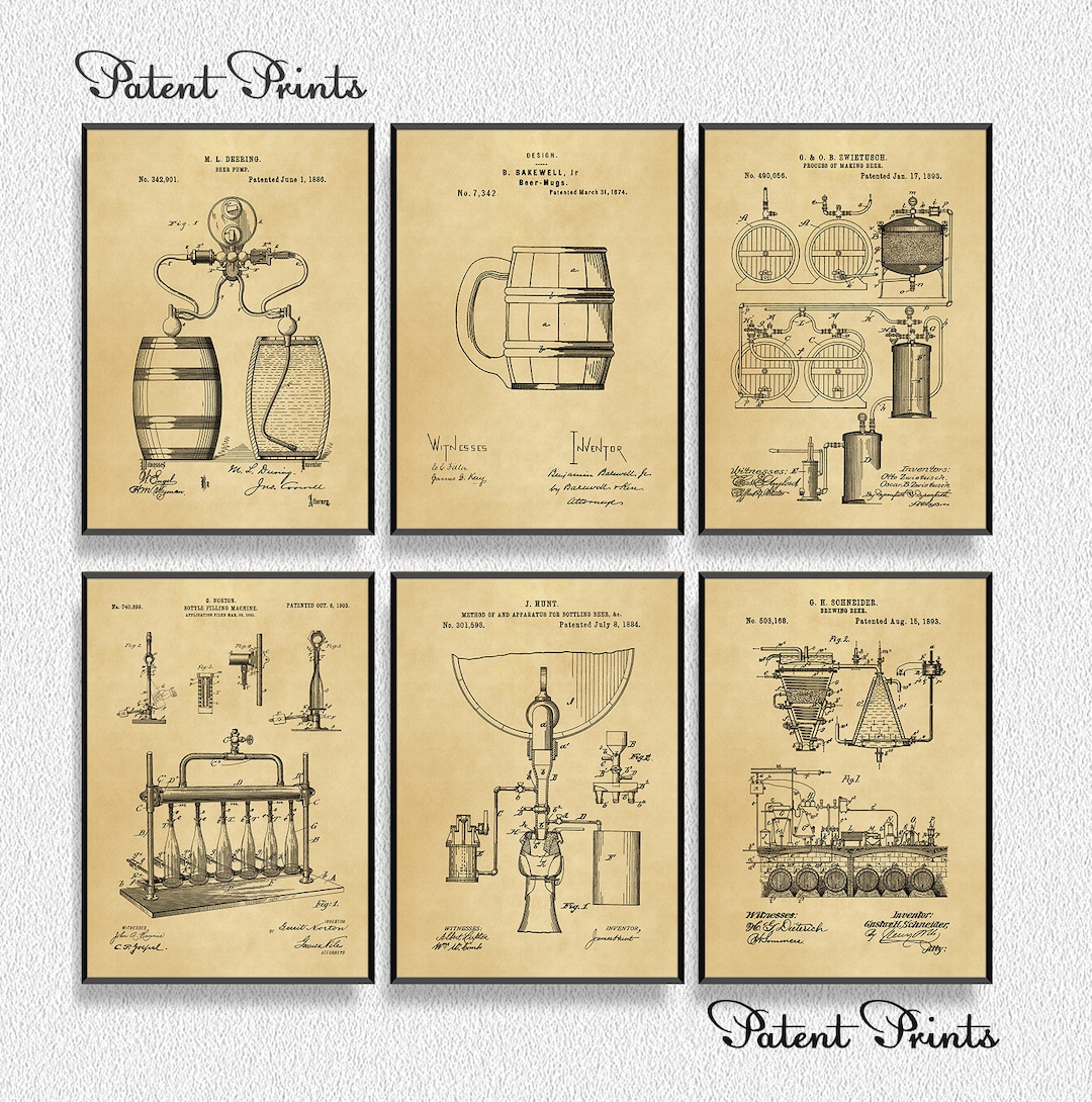 Set of 6 Beer Patent Prints - Beer Poster | Kitchen & Bar Wall Decor - Etsy