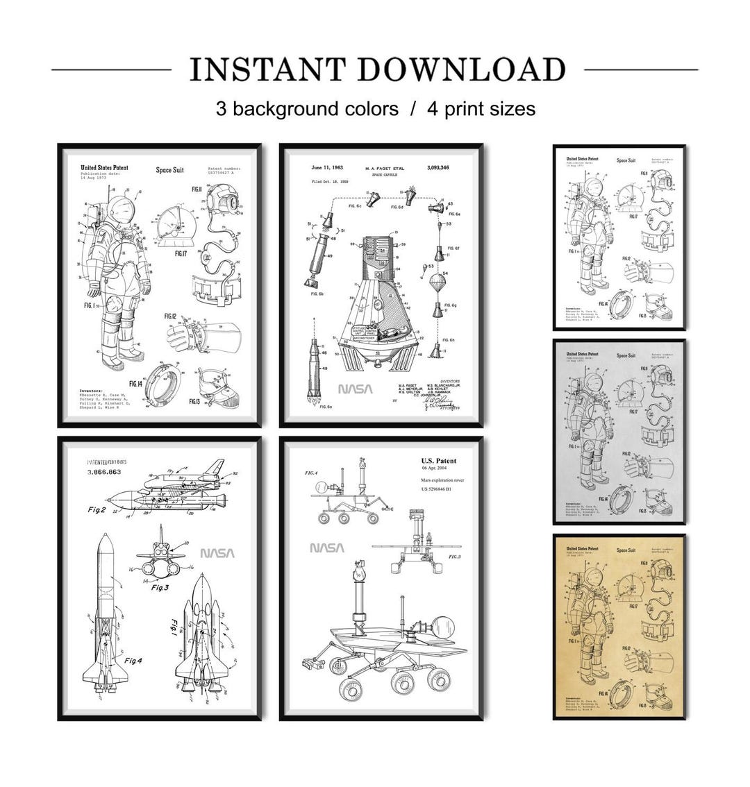 Set of 4 Space Patent Prints, Space Capsule, Mars Rover, Shuttle - Etsy
