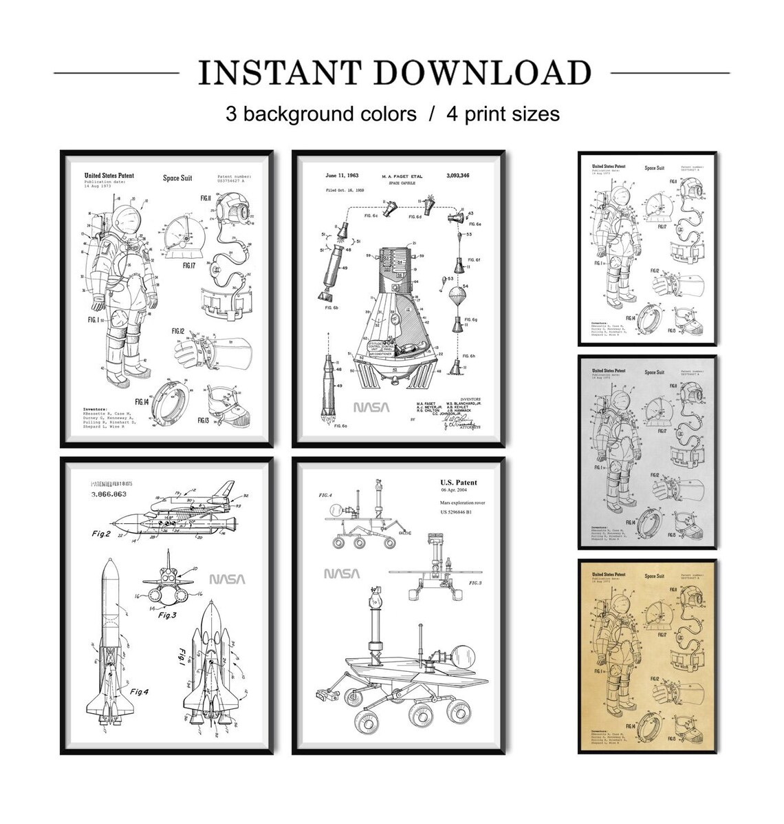 Set of 4 Space Patent Prints, Space Capsule, Mars Rover, Shuttle - Etsy