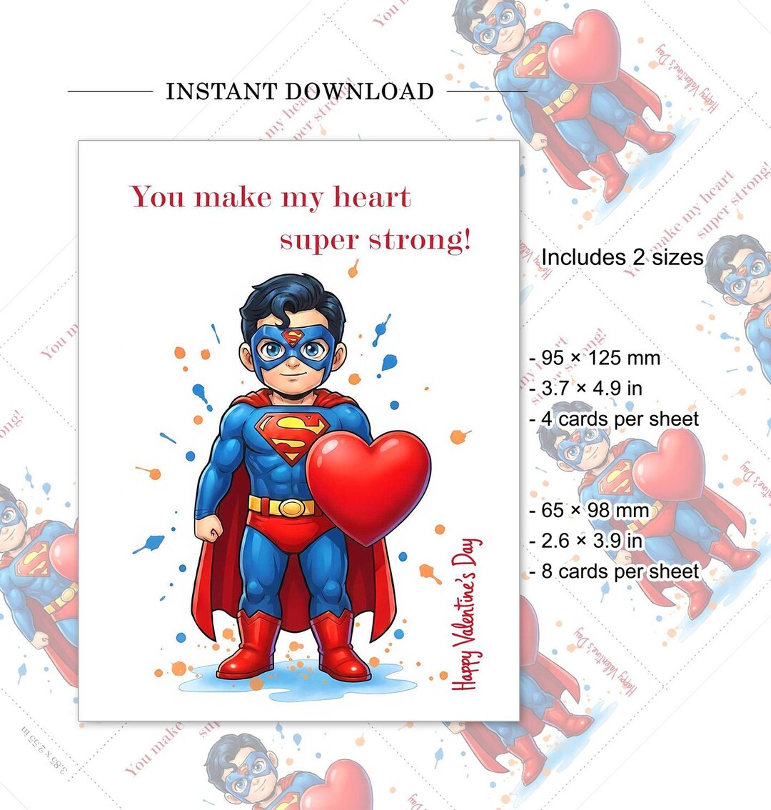 Superhero Valentine Card Printable, You Make My Heart Super Strong ...