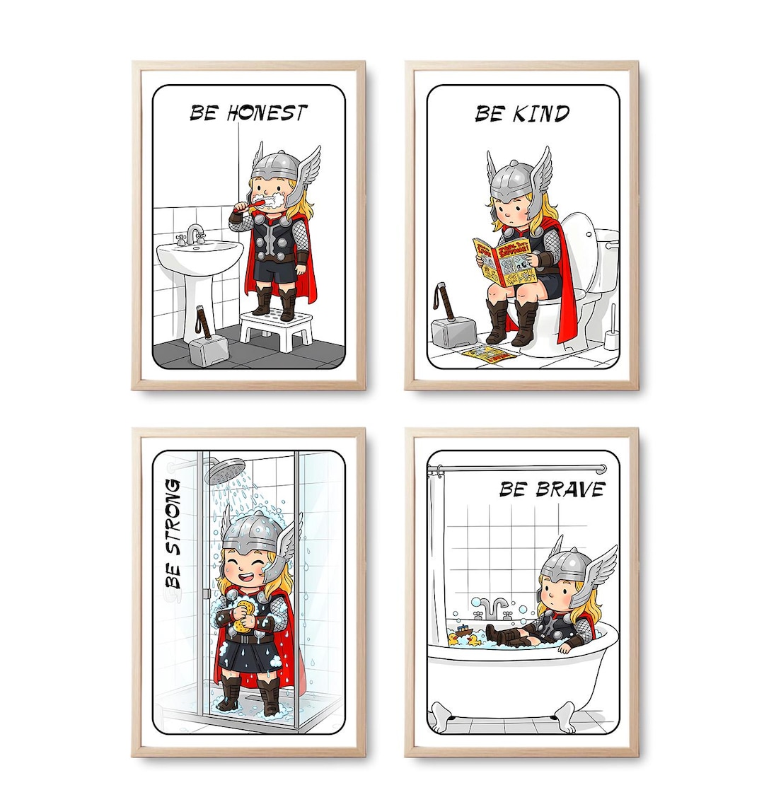 Superhero Kids Bathroom Sign Set | Funny Restroom Art | Set of 4 | Thor ...
