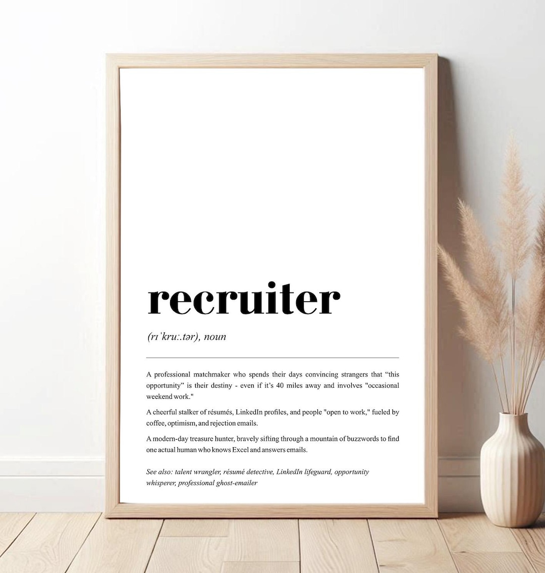 Recruiter Definition Print, Funny HR Gift, Recruiter Office Wall Art ...