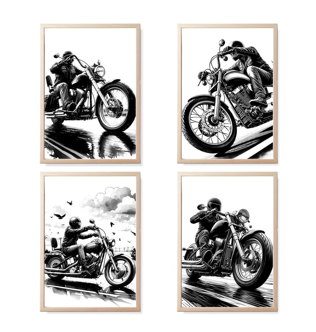 Set of 4 Vintage Motorcycle Posters – Retro Bike Wall Art, Rider Gifts ...