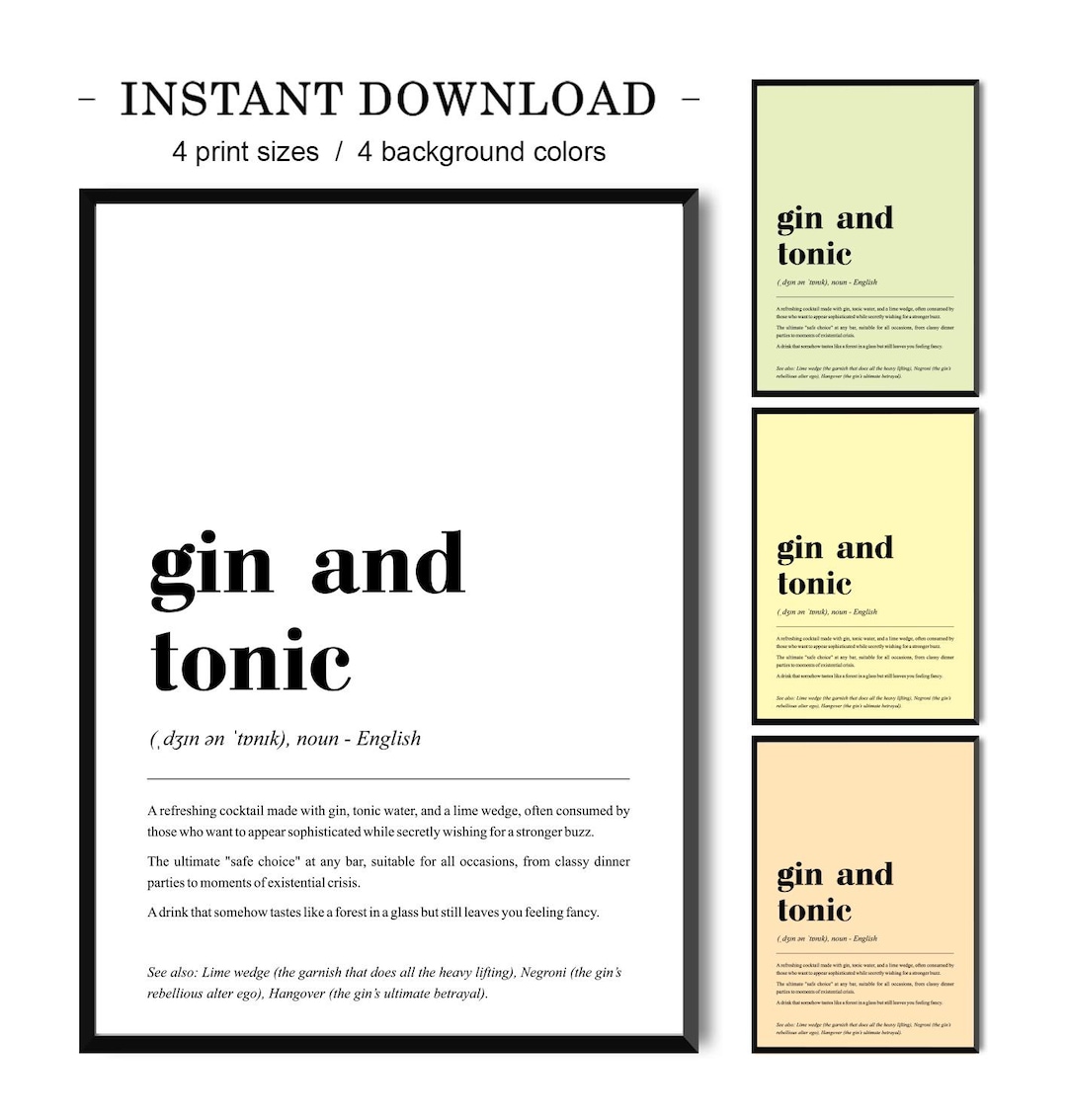 Funny Gin Tonic Definition Print, Cocktail Art, Bar Cart Decor - Etsy