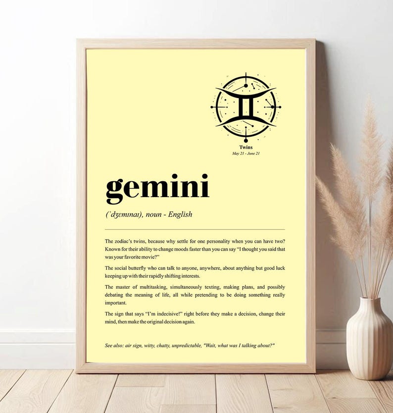 Gemini Definition Print, Funny Zodiac Gift, Minimalist Astrology Wall ...