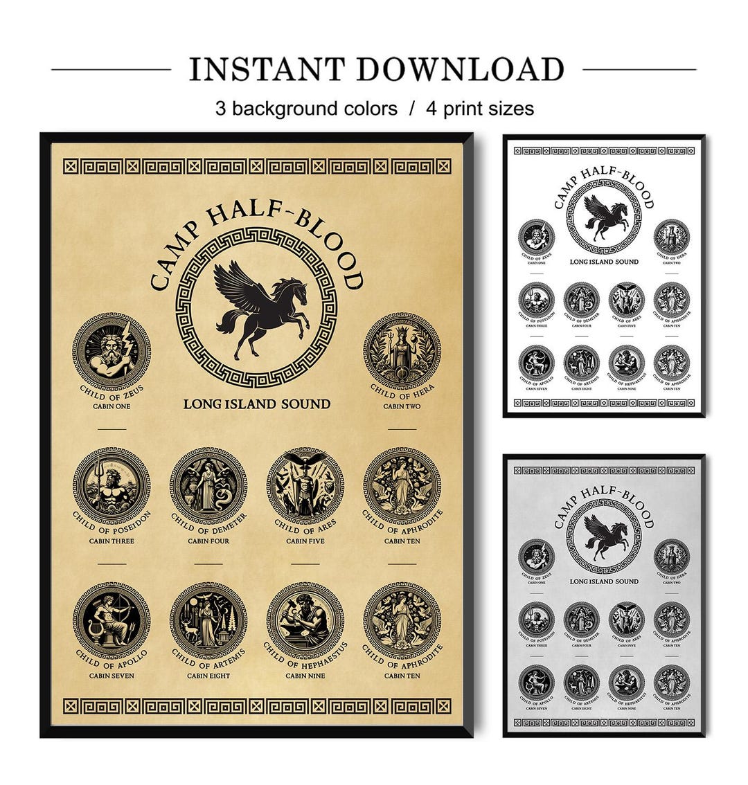 Camp Halfblood Cabins Poster, From Cabin 1 to 10, Camp Half Bloods ...