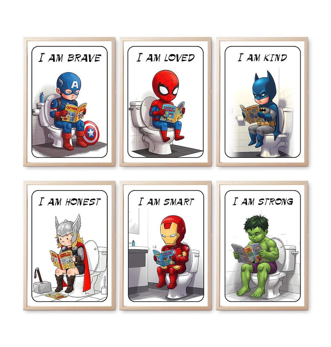 Superhero Kids Bathroom Sign Set | Funny Restroom Art | Set of 6 - Etsy