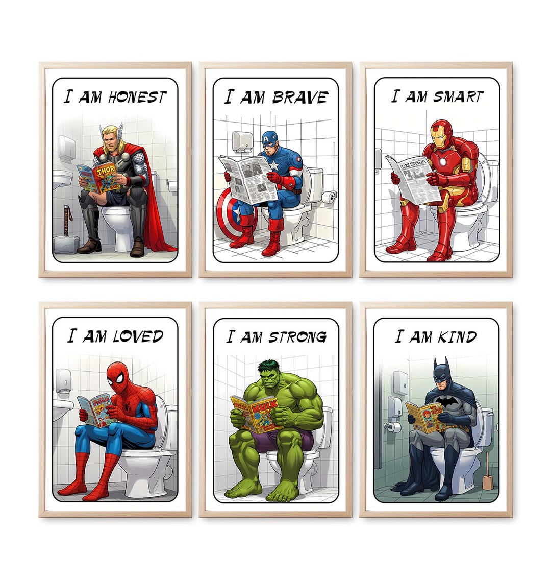 Superhero Bathroom Sign Set | Funny Restroom Wall Art | Set of 6 - Etsy