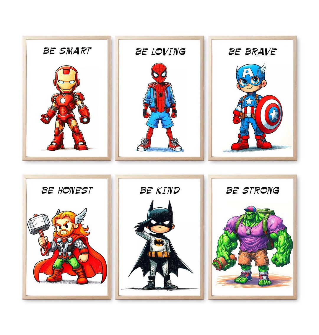 Set of 6 Superhero Wall Art With Affirmations | Superhero Nursery Art ...