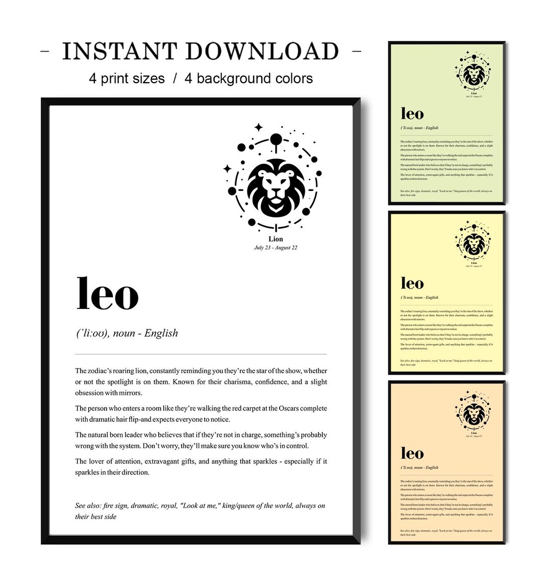 Leo Definition Print | Zodiac Decor | Birthday Gift | Zodiac Poster - Etsy
