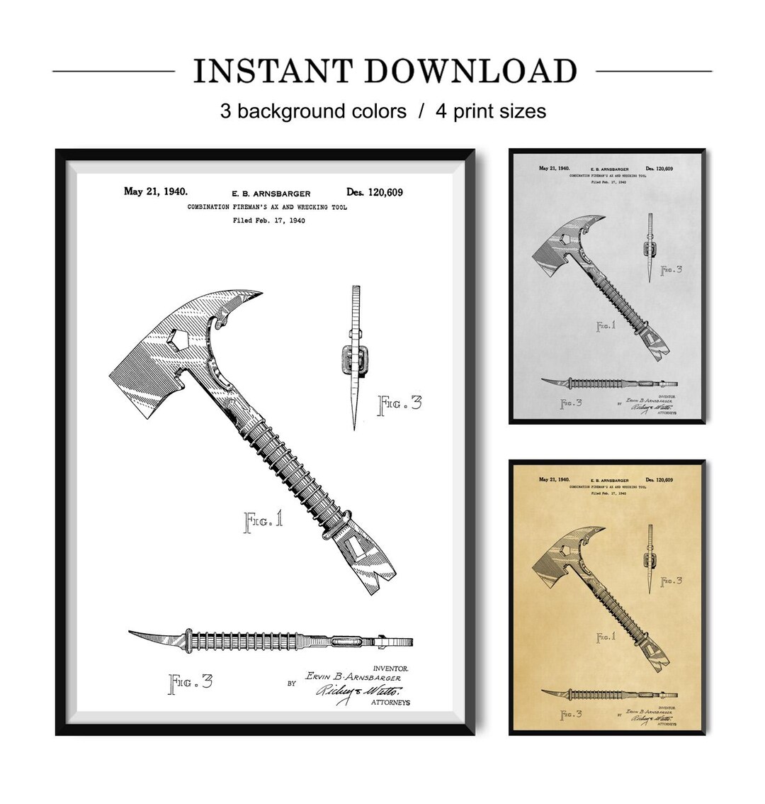 Fireman's Ax Patent Print, 1940 Firefighter Gift, Rescue Tool Wall Art ...