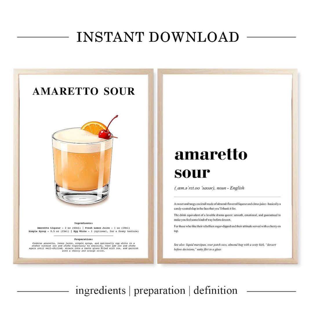Amaretto Sour Cocktail Recipe Print | Amaretto Sour Definition Art - Etsy
