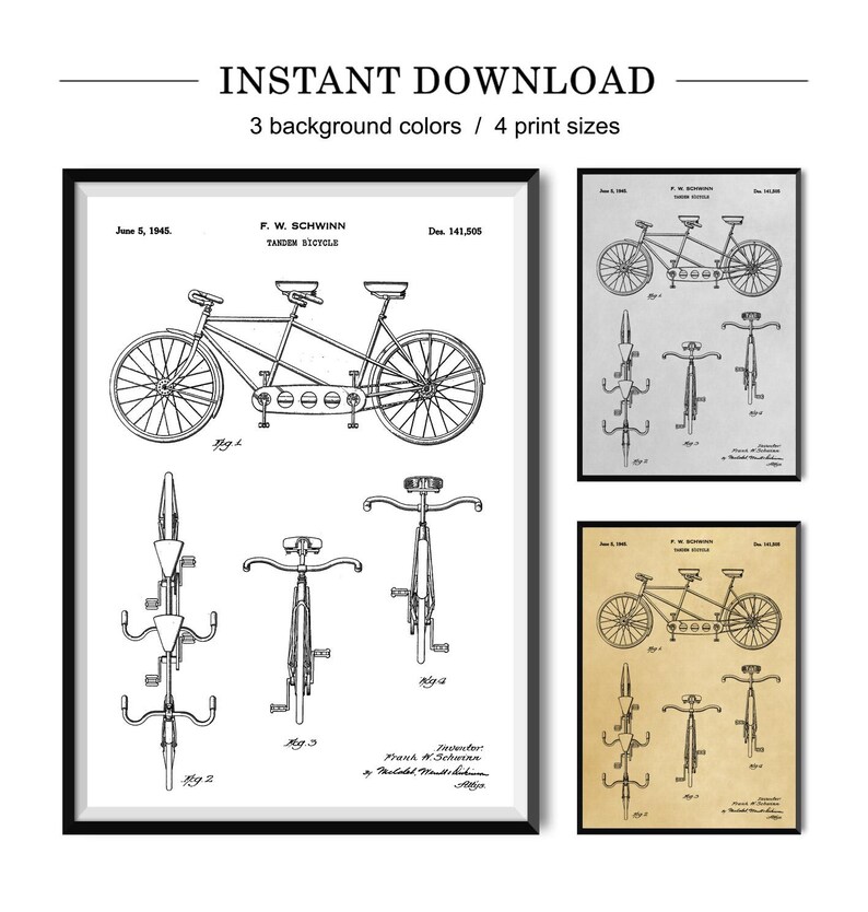 Tandem Bicycle Patent Print 1945, Vintage Bike for Two Wall Art ...