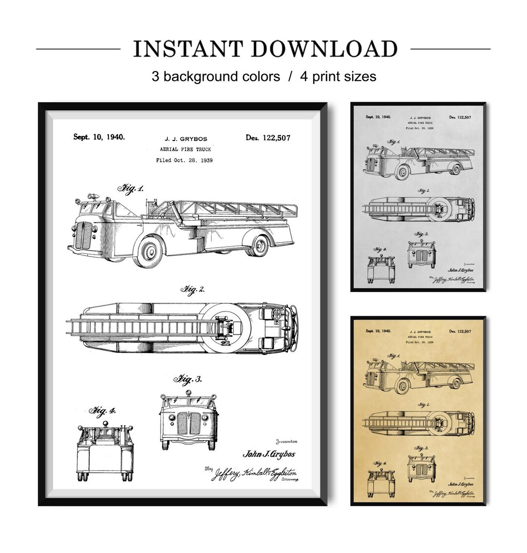 Vintage Fire Truck Patent Print, 1940 Fireman Gift, Fire Station Wall ...