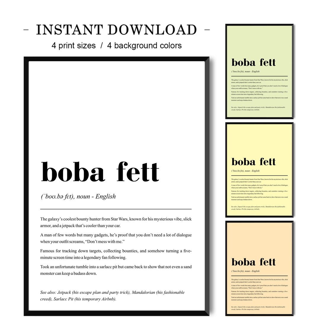 Boba Fett Definition Print – Starwars Wall Art, Geek Decor - Etsy