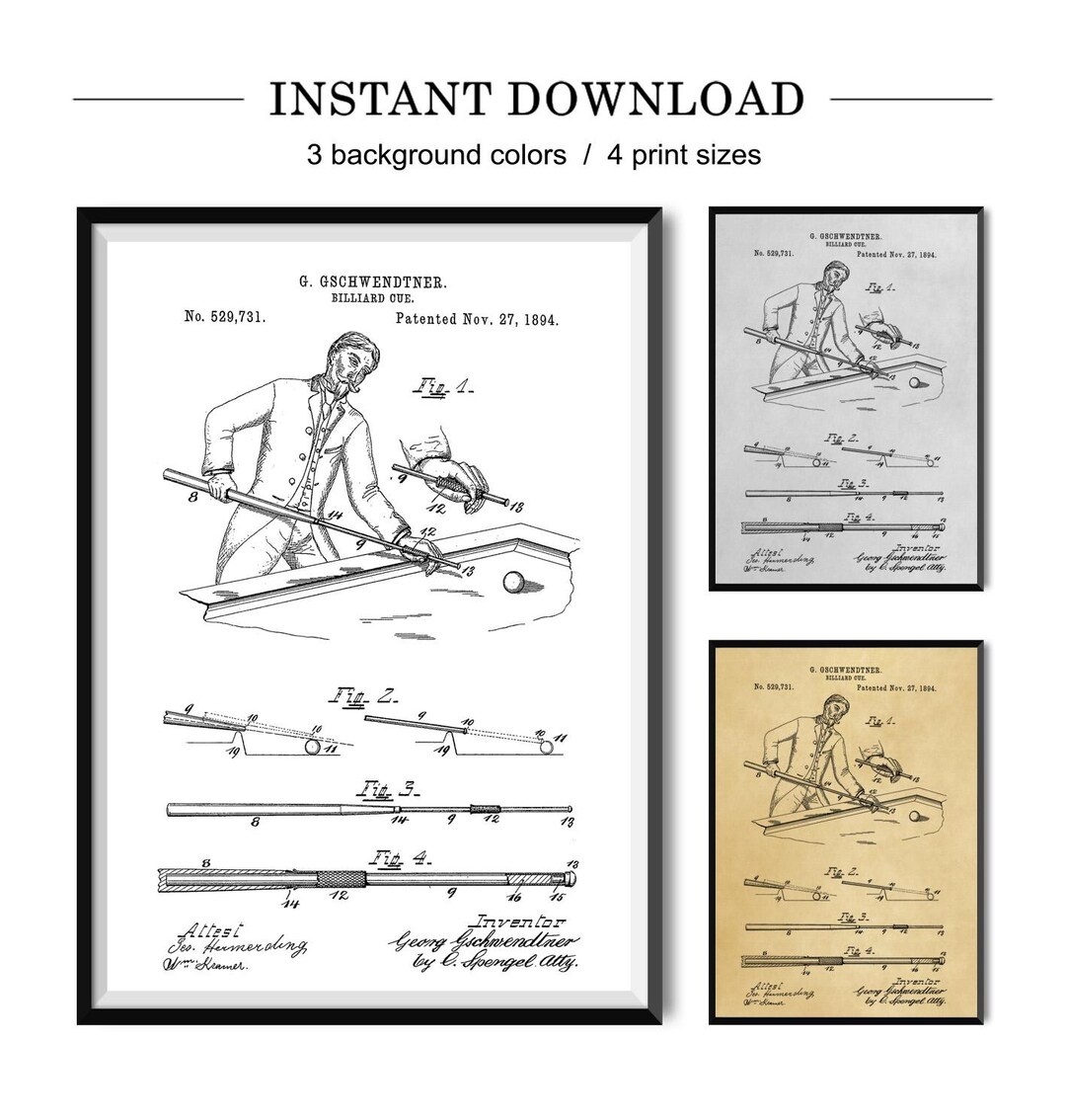 Billiard Cue Patent Poster, Pool & Snooker Print, Vintage Billiard Art ...