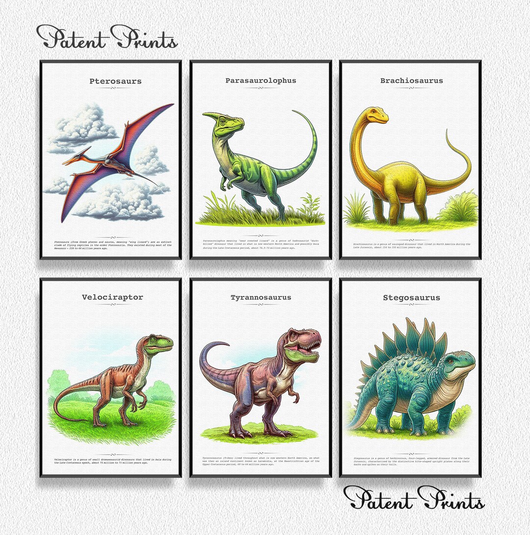 Set of 6 Dinosaur Posters – Dinosaur Prints, Boys Room Decor, Dino Art ...