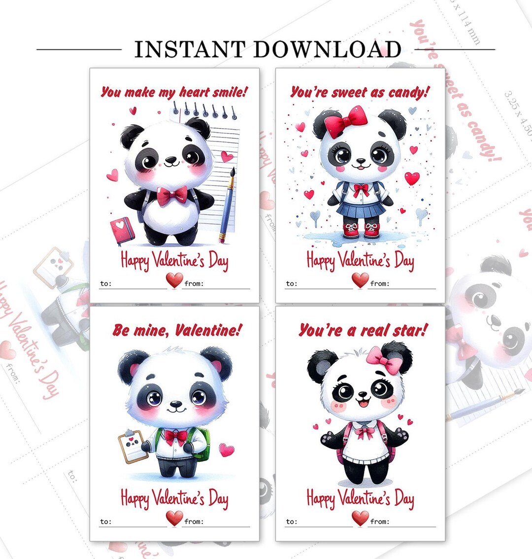 Printable Panda Valentine Cards for Kids, Cute Watercolor Panda ...