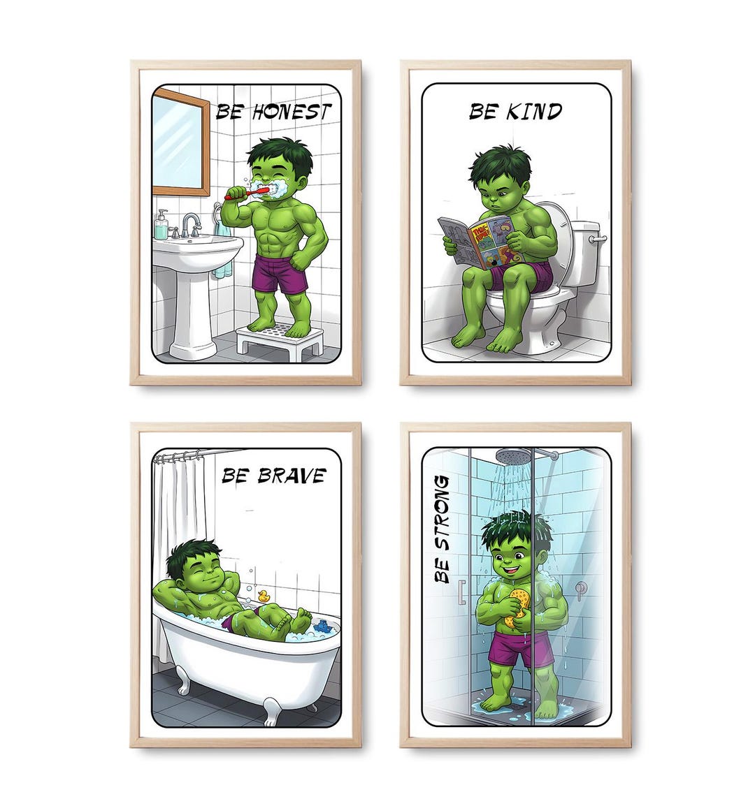 Superhero Kids Bathroom Sign Set | Funny Restroom Art | Set of 4 | Hulk ...